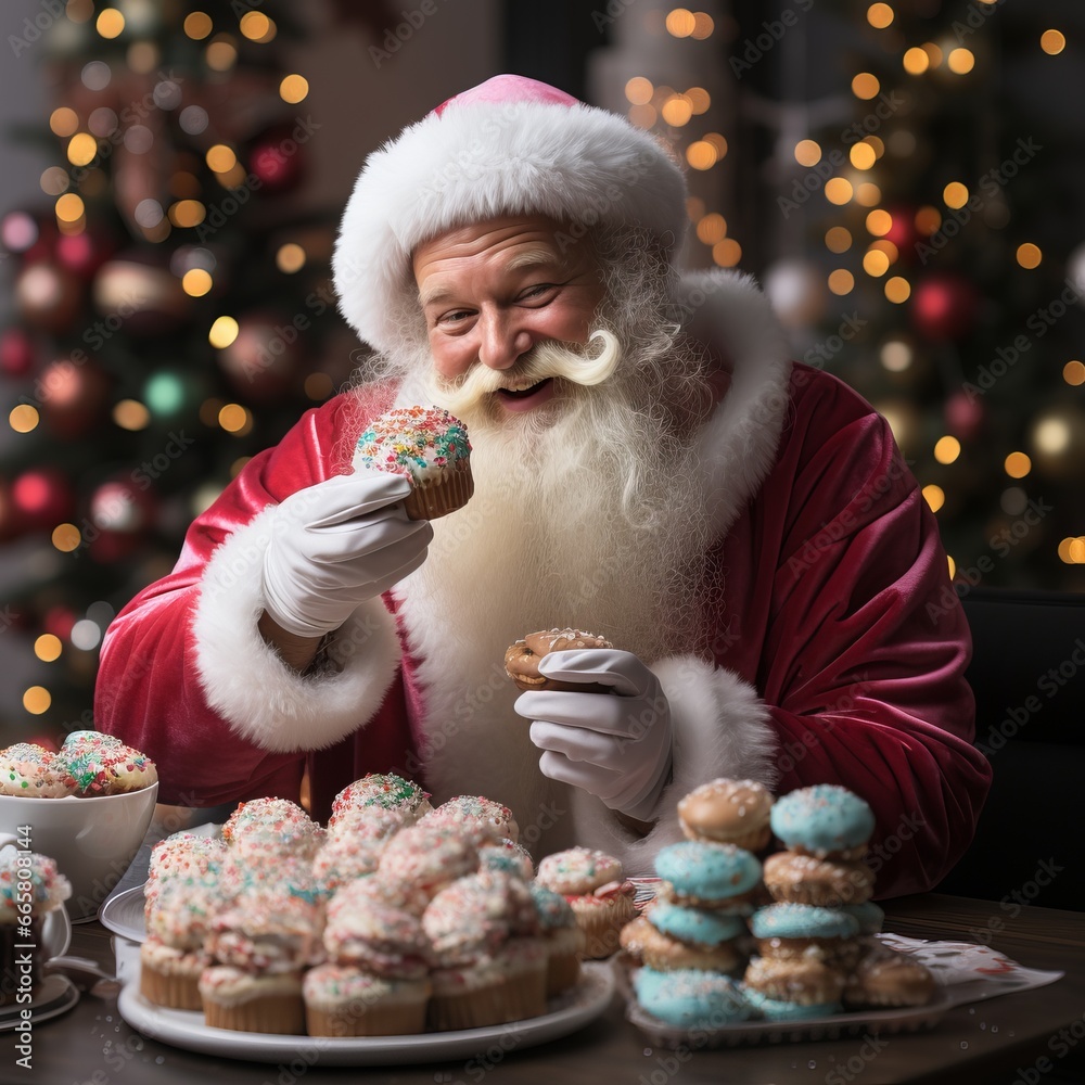 Santa Claus eats donuts in a cafe. A treat for a fairy tale character, an illustration of a ...