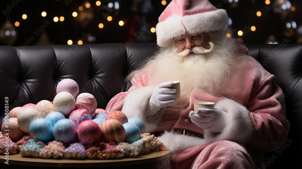 Santa Claus eats donuts in a cafe. A treat for a fairy tale character ...