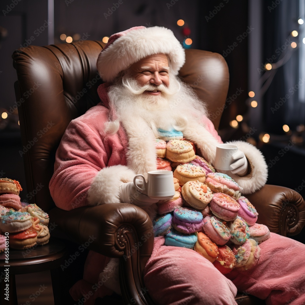 Santa Claus eats donuts in a cafe. A treat for a fairy tale character ...