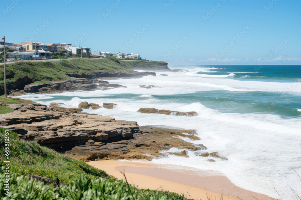 A gracefully curved rock emerges from the foaming waves, its elegant ...