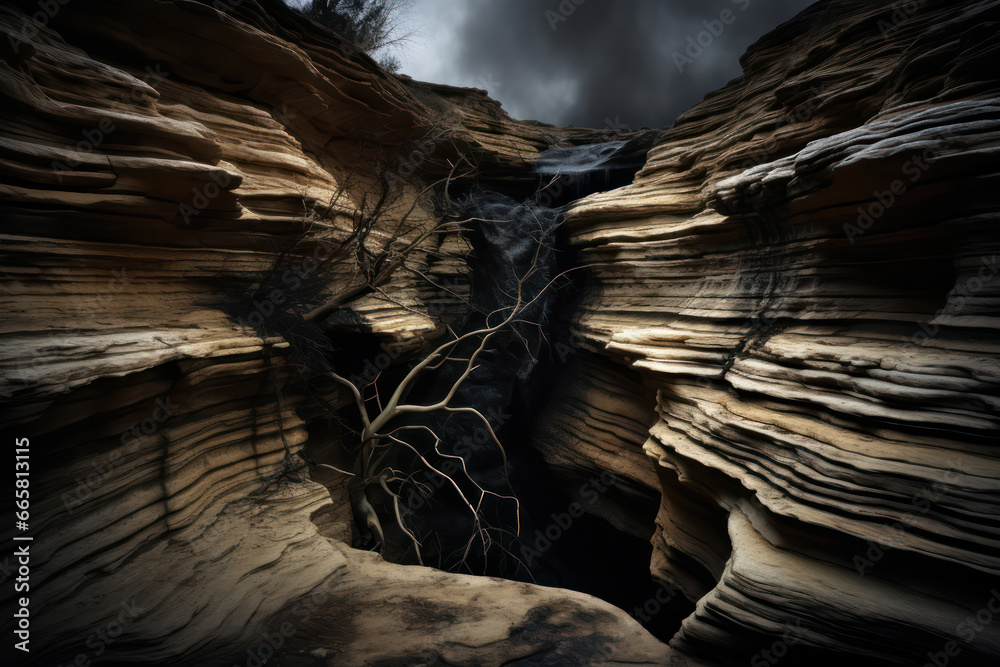 A gracefully curved rock emerges from the foaming waves, its elegant ...