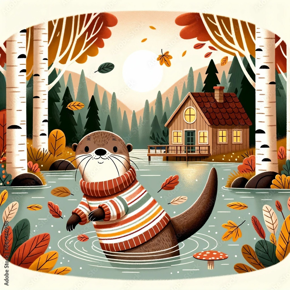 AI generated illustration of a playful otter standing in a body of ...