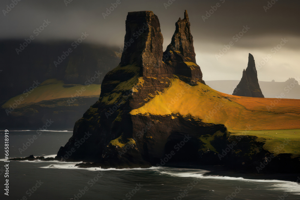 A mesmerizing black sand beach on Iceland's south coast, adorned with ...