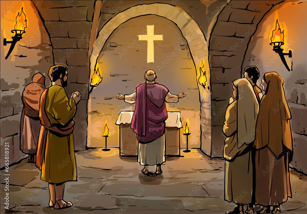 Illustration about ancient Christians celebrating mass in a chape ...
