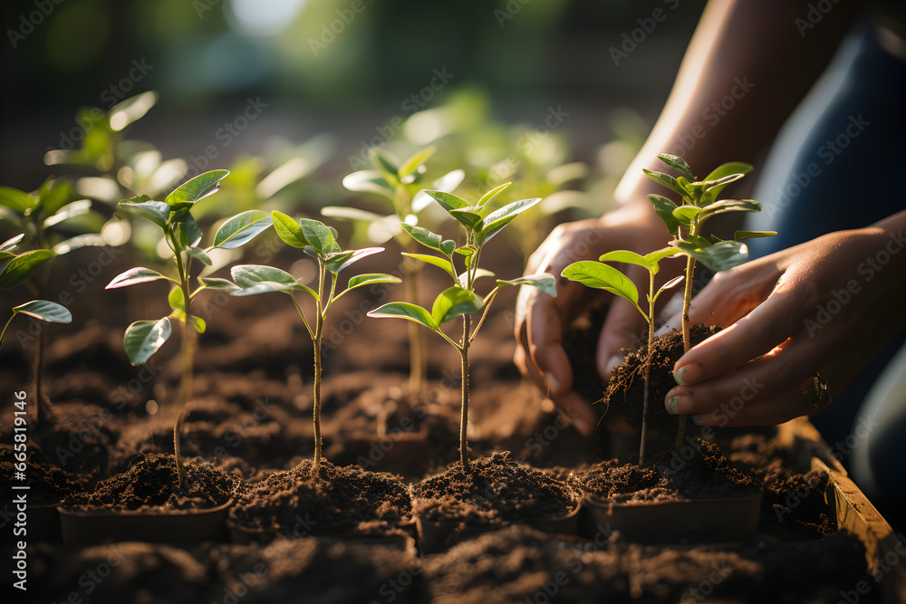 An eco-conscious person actively planting trees in a community garden ...
