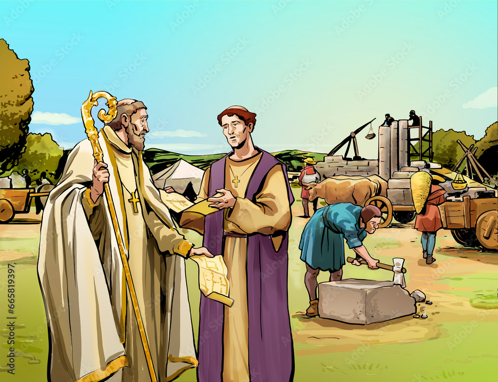 Illustration of medieval cathedral construction. Architect showing ...