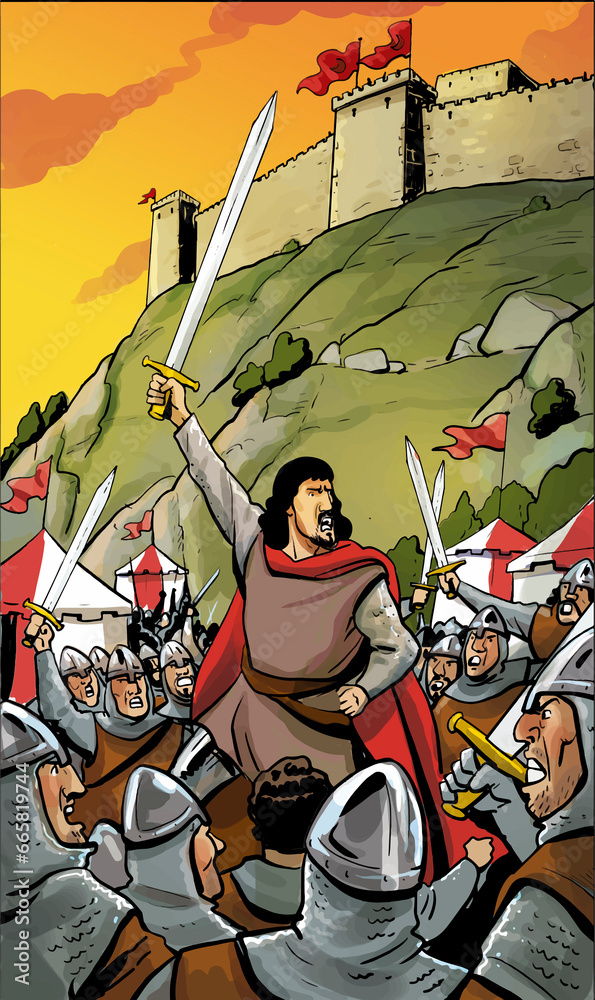 Illustration soldiers storming a castle in ancient Europe. Wars and ...