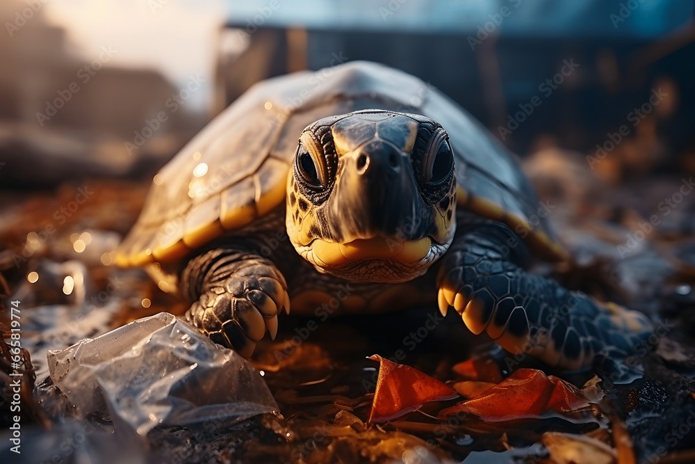 Sea turtle trapped in plastic bags. Environmental pollution problem of ...