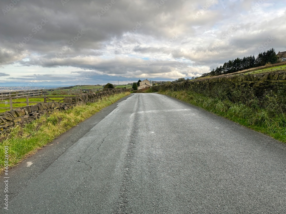 View on, Low Lane, with dry stone walls, wild plants, fields, houses ...
