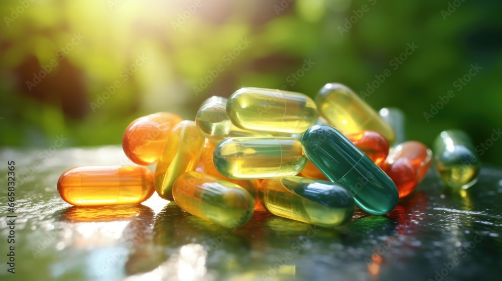 Bottle and scattered colored capsules of vitamins and minerals. Health ...