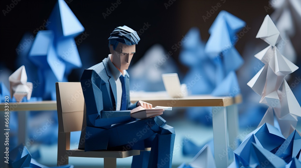 Origami Worker Seated in a Blue Monday Office Stock Photo | Adobe Stock