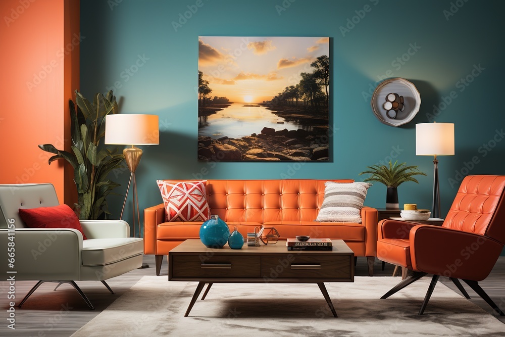Retro Revival: Craft an image of a modern living room infused with ...