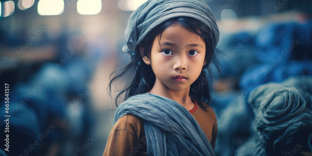 Small Asian girl in factory with blurred background, depicting illegal ...