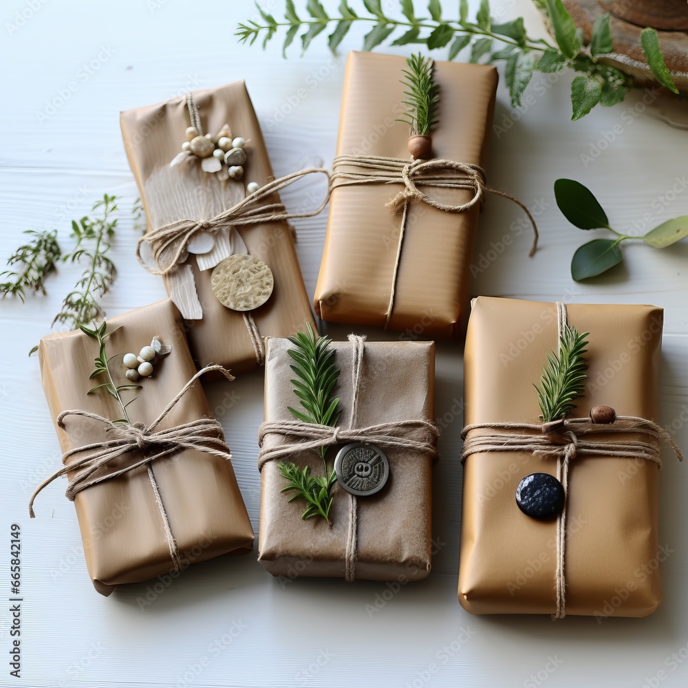 Ecological packaging for gifts. Craft paper and fabric for decoration ...