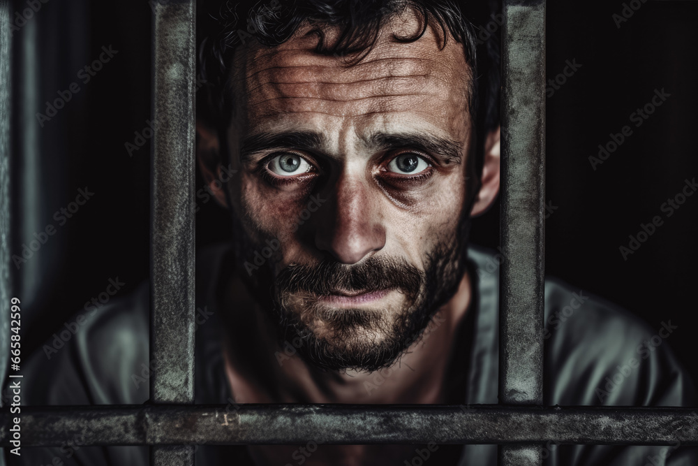 Portrait of prisoner behind bars, criminal serving his death row, man ...