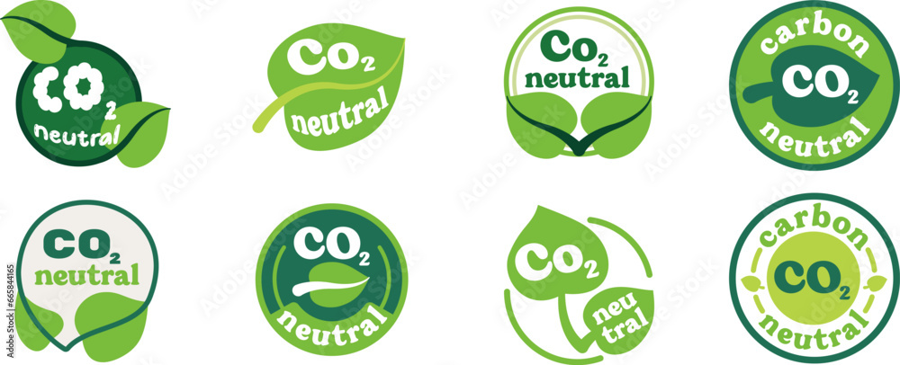 co2 neutral green logo set with leaves. Eco friendly sigh, carbon ...