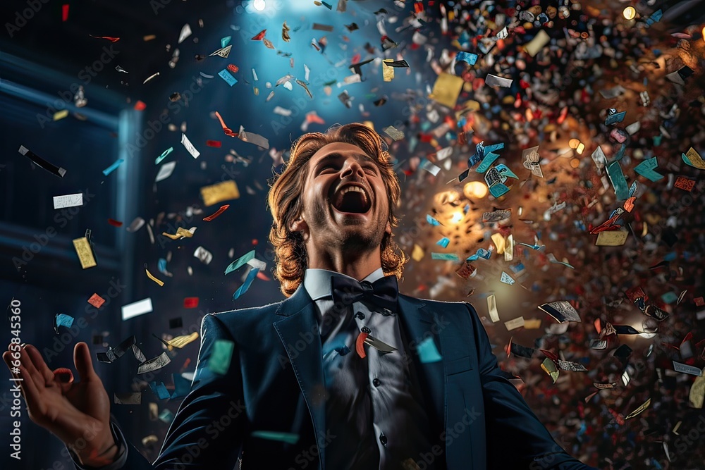 Young man on a blue tuxedo celebrating with confetti falling. New Year ...