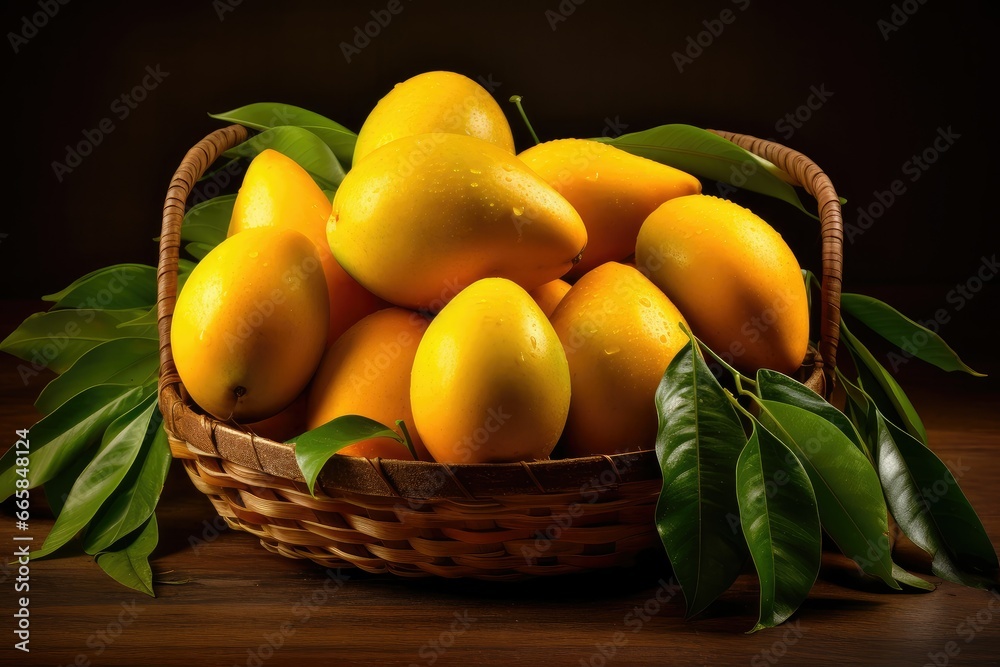 Ripe yellow mangoes in a basket on a wooden table, organic ripe mangoes ...