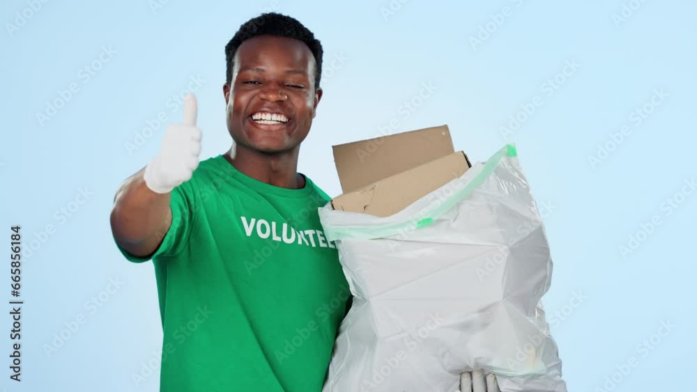 Happy black man, volunteer and thumbs up for recycling, garbage or ...