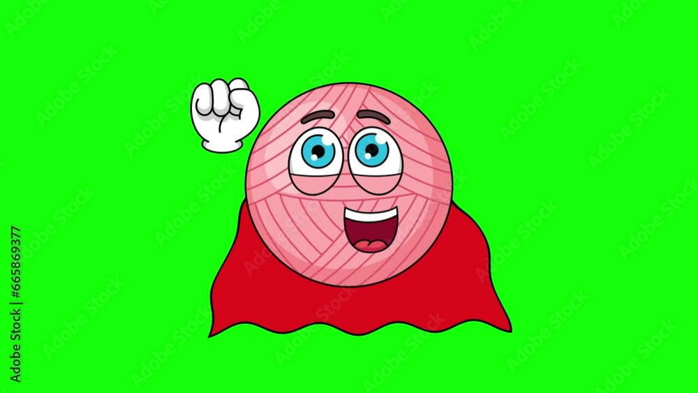 Superhero yarn ball cartoon flying with red cape, green screen ...