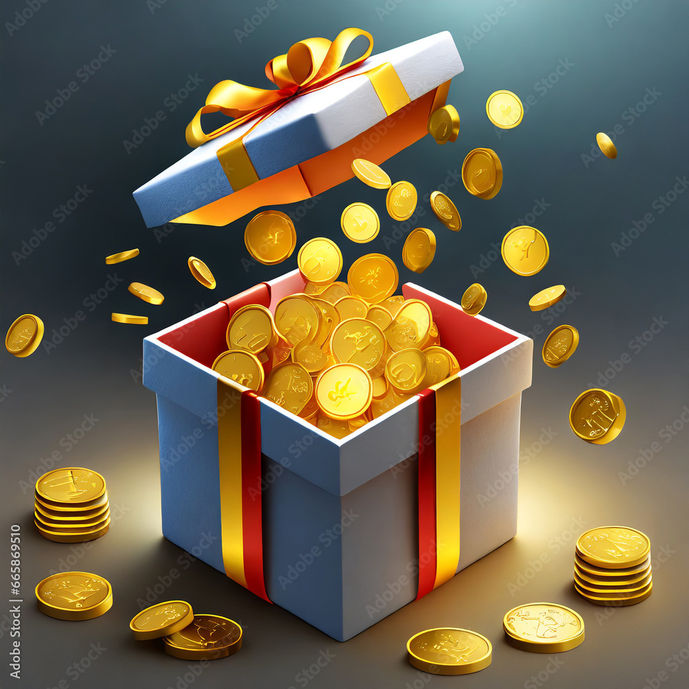 D Open gift box icon with floating golden coins. Golden coin in gift ...