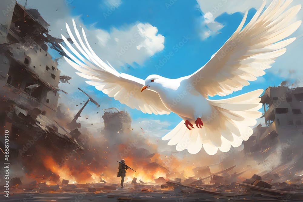 Illustration of white dove of peace flying over war field. Digital art ...