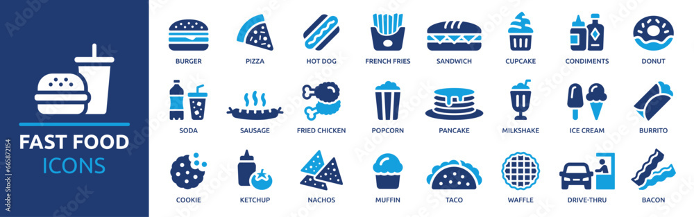 Fast food icon set. Containing burger, pizza, hot dog, french fries ...
