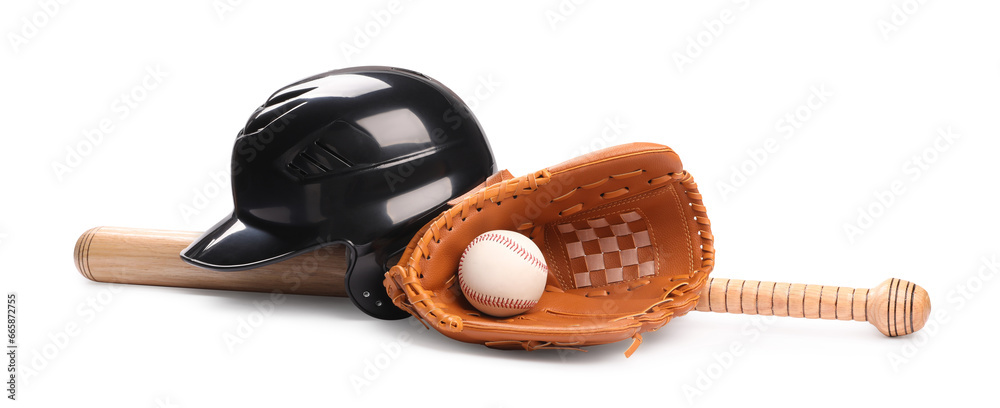 Baseball bat, ball, batting helmet and glove isolated on white Stock ...