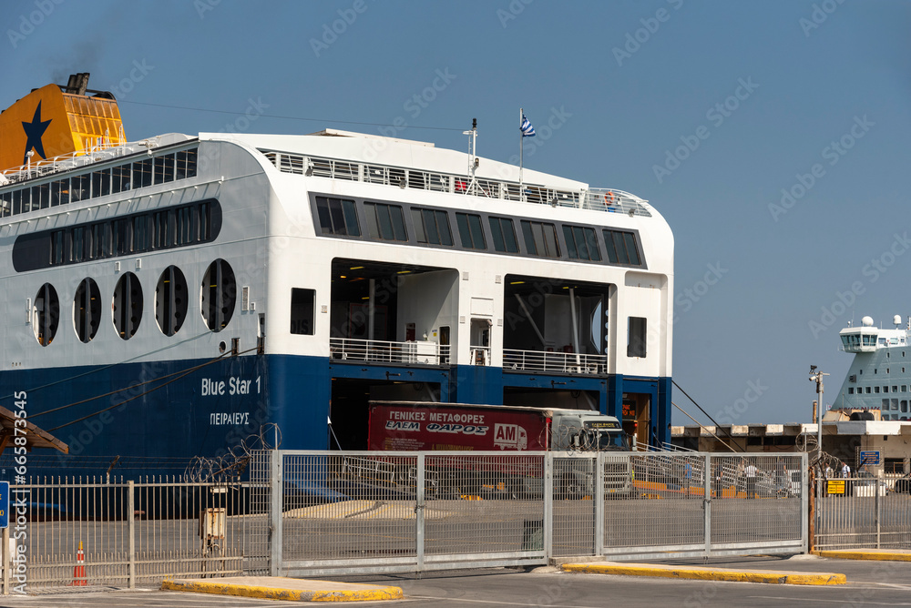 Port of Heraklion, Crete, Greece. 01.10.2023. Greek ferry with ...