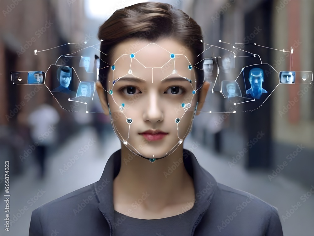 person in front of a computer applying face detection latest technology ...