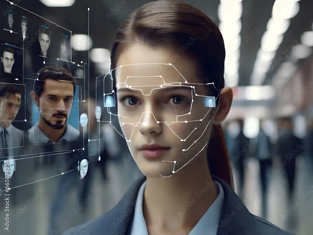 person in front of a computer applying face detection latest technology ...