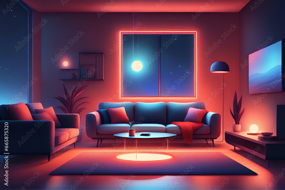 Home cinema, living room with colored LED lighting - Smart home. Big Tv ...