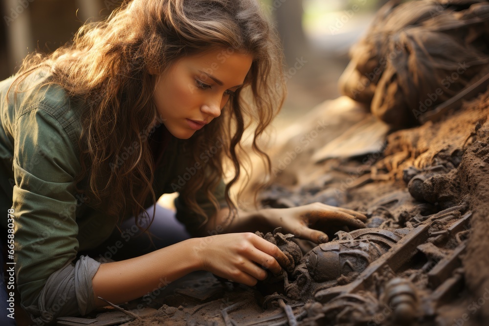 Female archaeologist unearthing an ancient relic from a forgotten ...