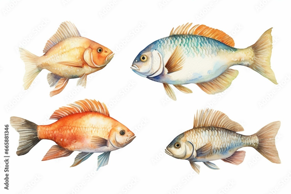 Original hand-painted watercolor artwork of 3 types of small white fish ...