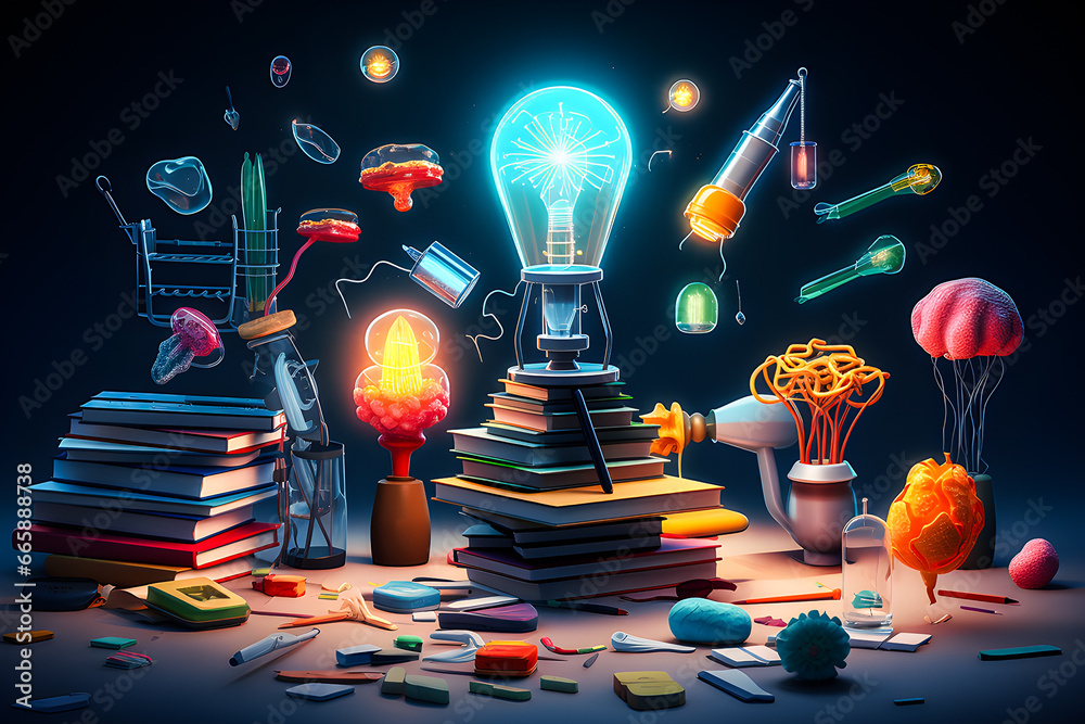 3d illustration school and education set: school bag, globe, open book ...