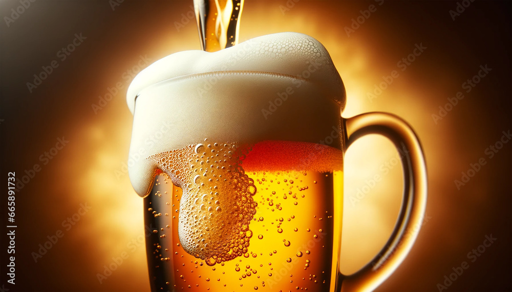 Show a close-up image of a beer mug being filled with golden beer. The ...