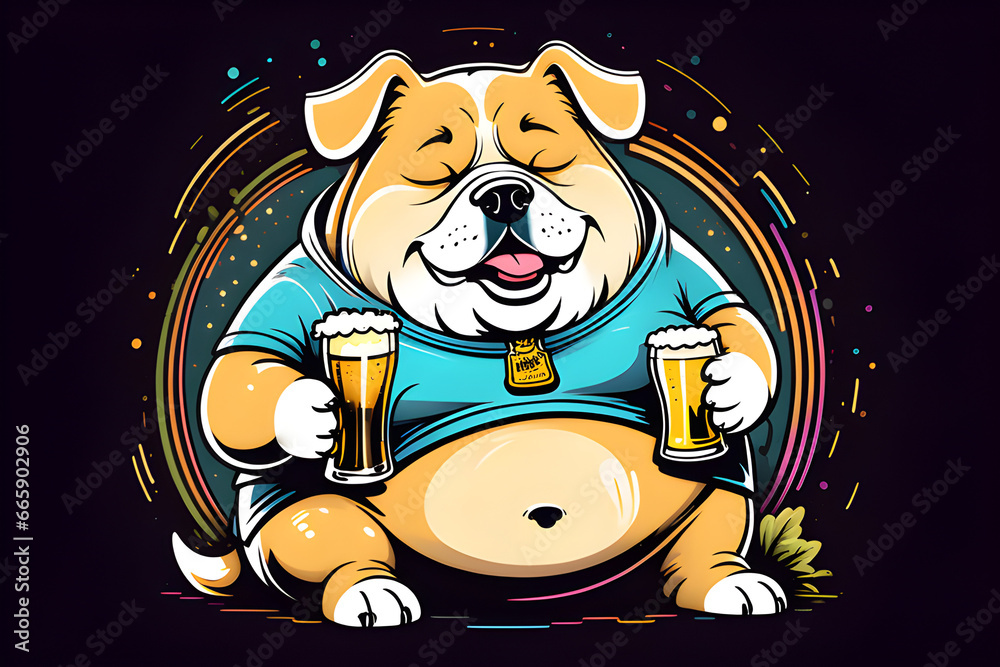 a cartoon illustration of a drunk chubby dog drinking a beer Stock ...
