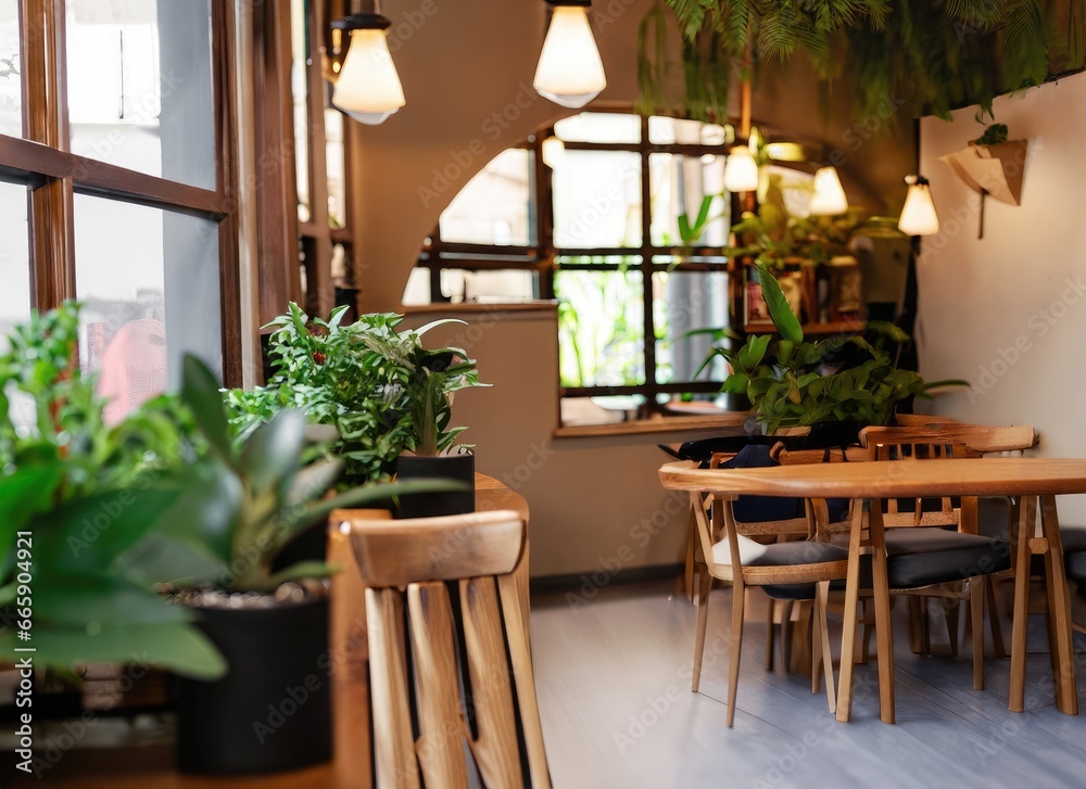 Indoor interior cozy luxury retro wooden cafe coffee shop with plants ...