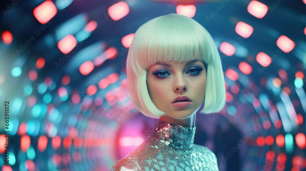 Fashion retro futuristic girl in surrealistic 60s-70s disco club ...