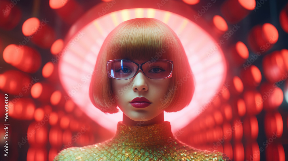Fashion retro futuristic girl in surrealistic 60s-70s disco club ...
