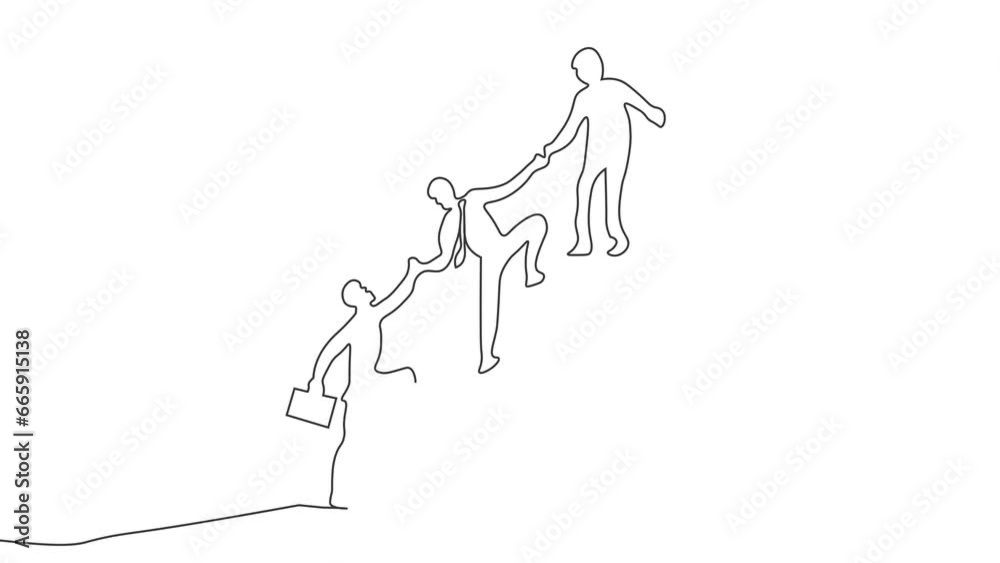 Business people helping each other to climb stairs. Drawing line ...