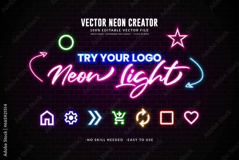 Glowing neon text effect on the brick wall background. Text glows in ...