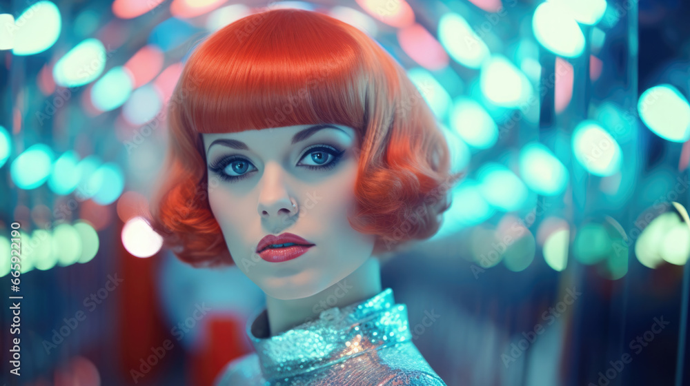 Fashion retro futuristic woman in surrealistic 60s-70s disco club ...