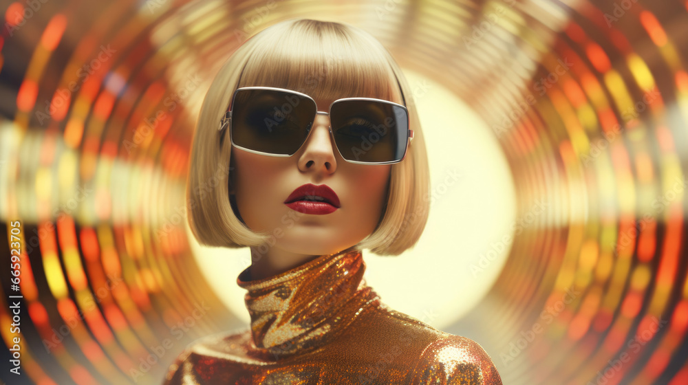 Fashion retro futuristic woman in surrealistic 60s-70s disco club ...
