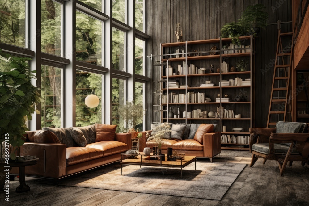 Interior of modern living room with brown leather sofa, coffee table ...