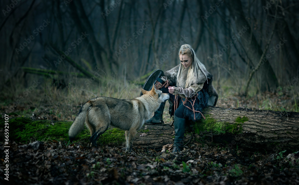 Misty Forest Encounter: Viking Woman Warrior in Traditional Armor, with ...