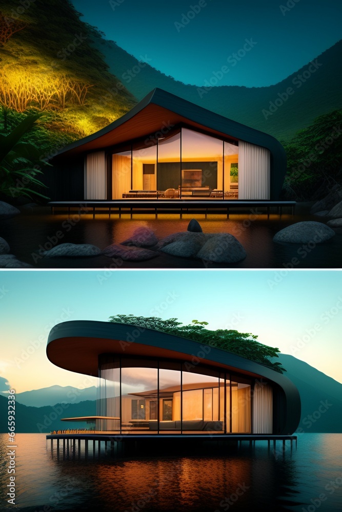 A wide image of a full innovative contemporary sea ranch cabin, hyper ...