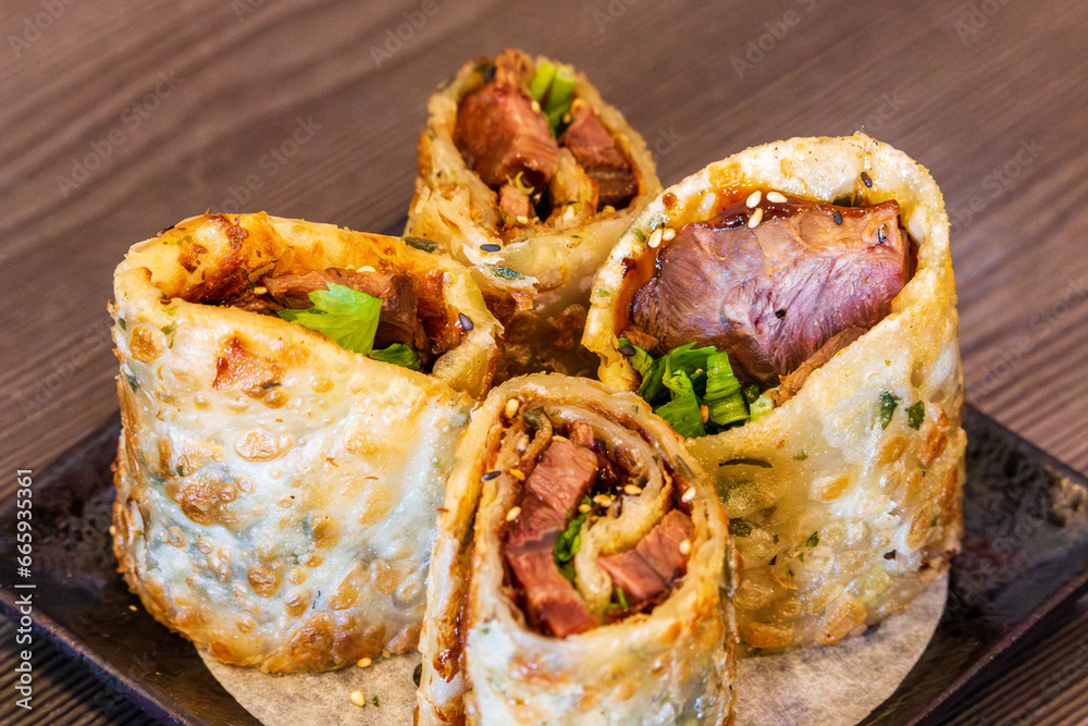 Chinese Soy Braised Beef Shank wrapped with pancake Stock Photo | Adobe ...