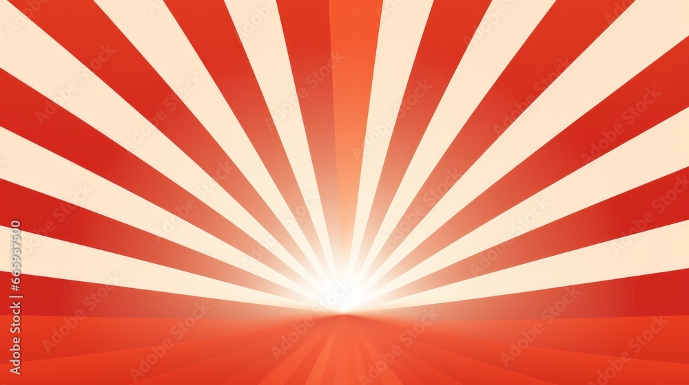 The image depicts a retro-style background with rays or stripes ...