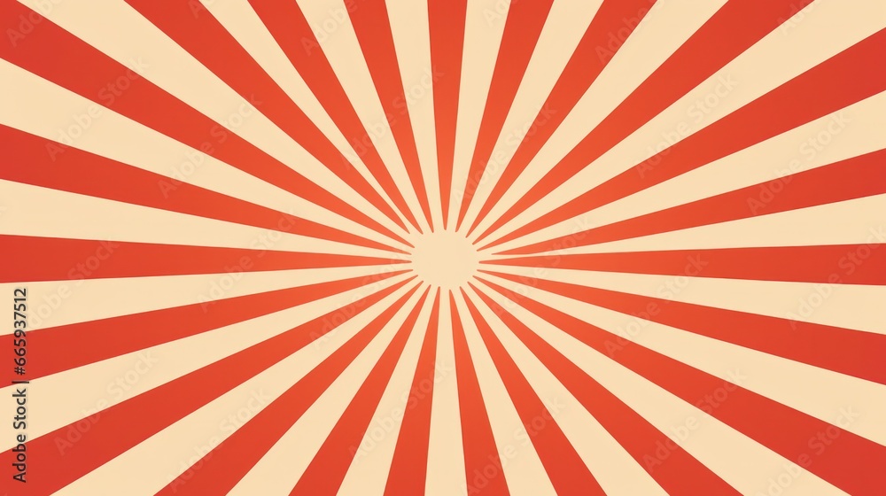 The image depicts a retro-style background with rays or stripes ...